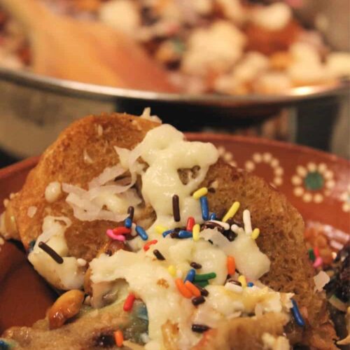 Capirotada recipe with sprinkles a Mexican dessert for Lent season